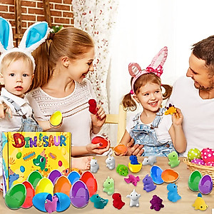 JOICEE 24pcs Dinosaur Squishy Toy Prefilled Easter Eggs, Kawaii Mochi Squishies Stress Relief Toys Filled Plastic Easter Eggs for Easter Basket Stuffers Party Favor Egg Hunt for Kids