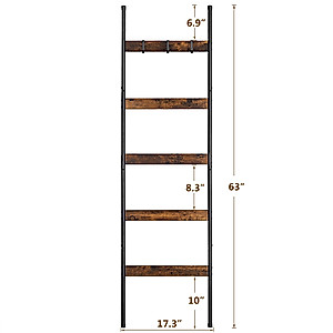 ELYKEN Blanket Ladder for Living Room, Farmhouse 5 -Tier Quilt Holder with 4 Removable Hooks for Bathroom, Wood Towel Rack Display, Wall Anchor Leaning Decorative Stand for Home Decor, Rustic Brown