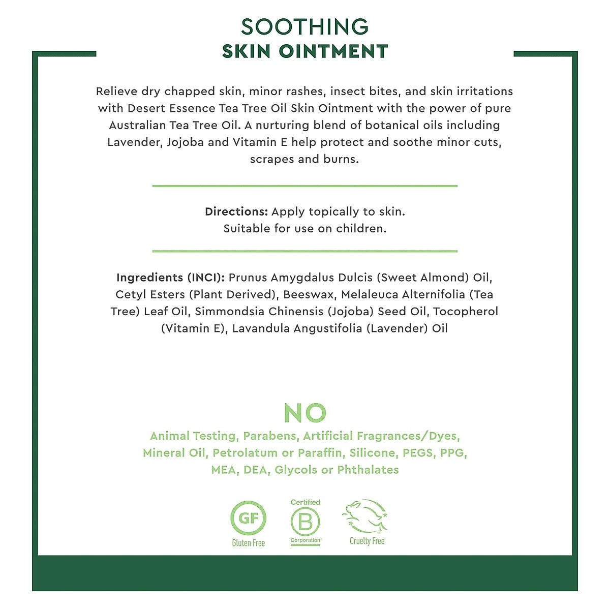 Desert Essence TEA TREE OIL SKIN OINTMENT – Itch Relief, Rash Cream for Razor Burn - Soothing Balm with Lavender & Jojoba - Gluten & Cruelty-Free - 1 oz