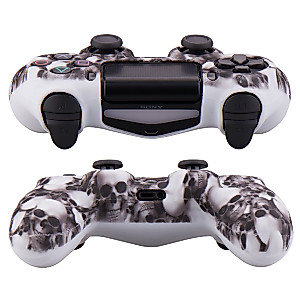 YoRHa Water Transfer Printing Skull Silicone Cover Skin Case for Sony PS4/slim/Pro Dualshock 4 Controller x 1(White) with Pro Thumb Grips x 8