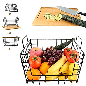 Stackable Wire Storage Baskets, TOBEFORT Fruit Basket for Kitchen Large Metal Bin for Cabinet Pantry Organization and Storage, Nesting Rectangular Basket with Wood Lid, Black