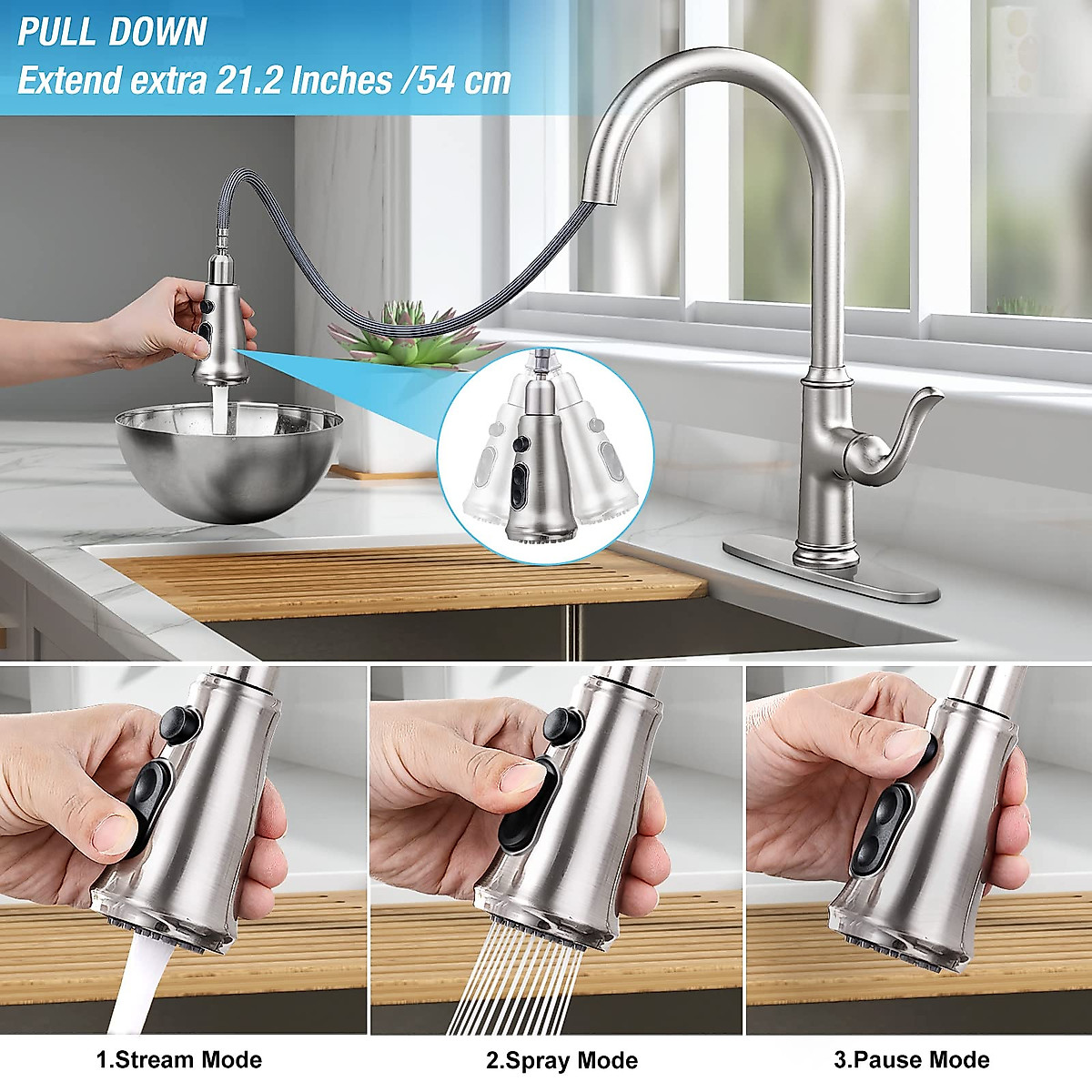 DJS Kitchen Faucet with Pull Down Sprayer, Single Handle Stainless Steel Pull Out Kitchen Sink Faucet, Brushed Nickel DJS-PK-009N-DP