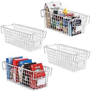 4 Pack Large Stackable Wire Baskets For Pantry Storage and Organization - Metal Storage Bins for Food, Fruit - Kitchen Bathroom Closet Cabinets Countertops Organizer, White