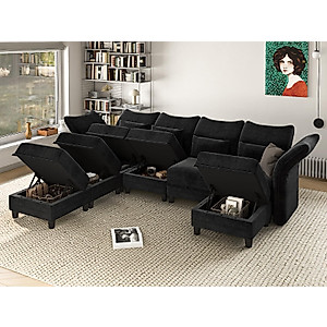 LLappuil Black Sectional Couch U Shaped 7 Seats, Chenille Sectionals Sofa Large Modular Sectional Sofa for Living Room with Reversible Chaise, Storage Seat, Deep Cushion