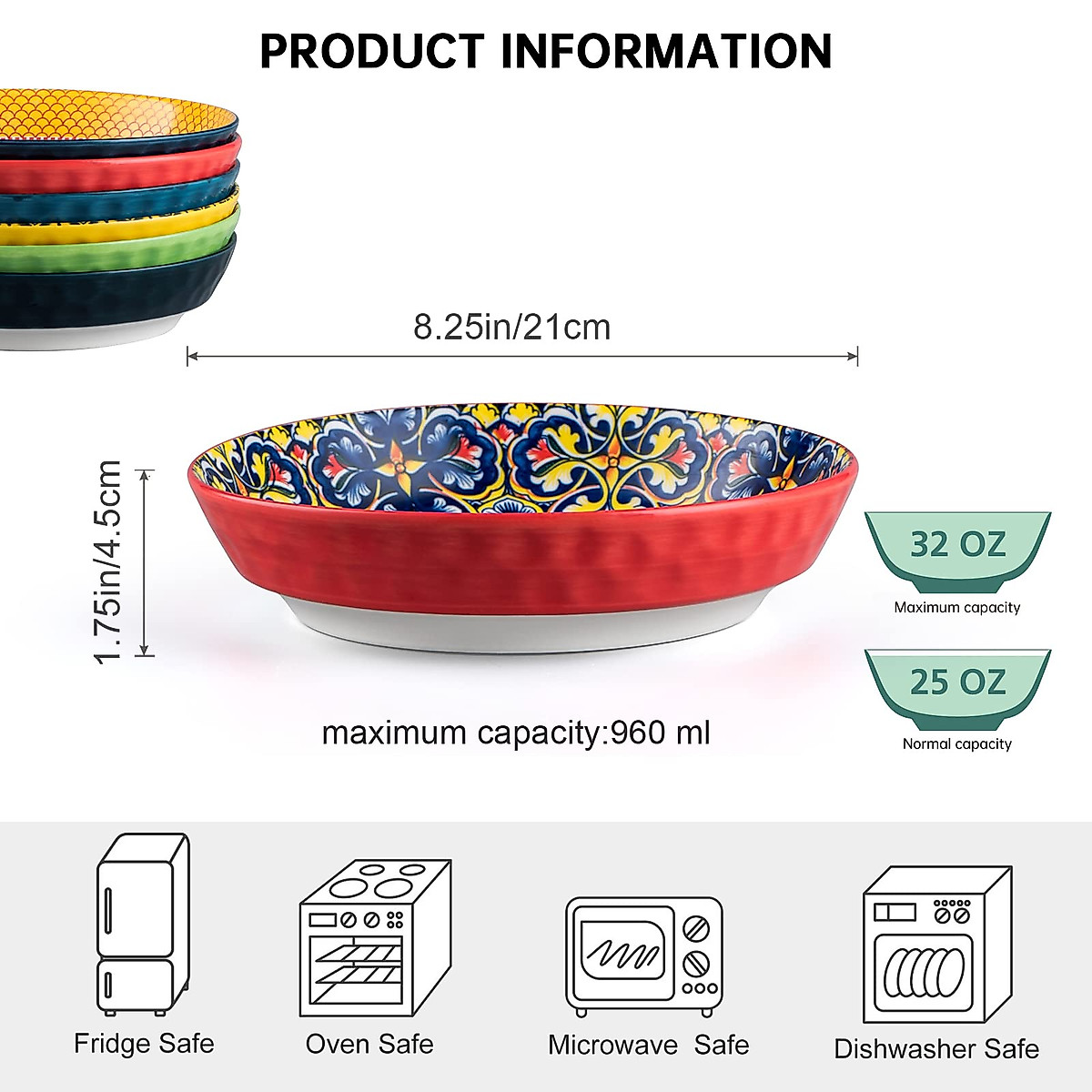 HENXFEN LEAD Ceramic Soup, Pasta Bowls Bundle - Colorful Bowls for Kithchen, Dinner, Eating -Bohemian Style