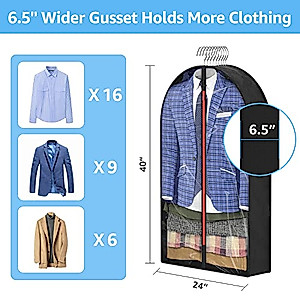 [Newest] Garment Bags for Hanging Cloths, 6.5" Gussetes 40" Moth Proof Cover Suits Bag with Zipper for Closet Storage Travel, Clear Storage Bags Protecting Coat Sweater Jacket Shirts, 3 PACK-BLACK.