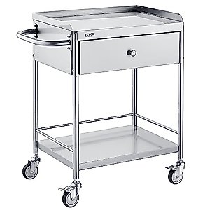 VEVOR Medical Trolley, Dual-Tier Stainless Steel Trolley with a 220 lbs Load Limit, Equipped with Quiet 360° Casters and a Drawer, Ideal for Laboratories, Clinics, Kitchens, and Salons