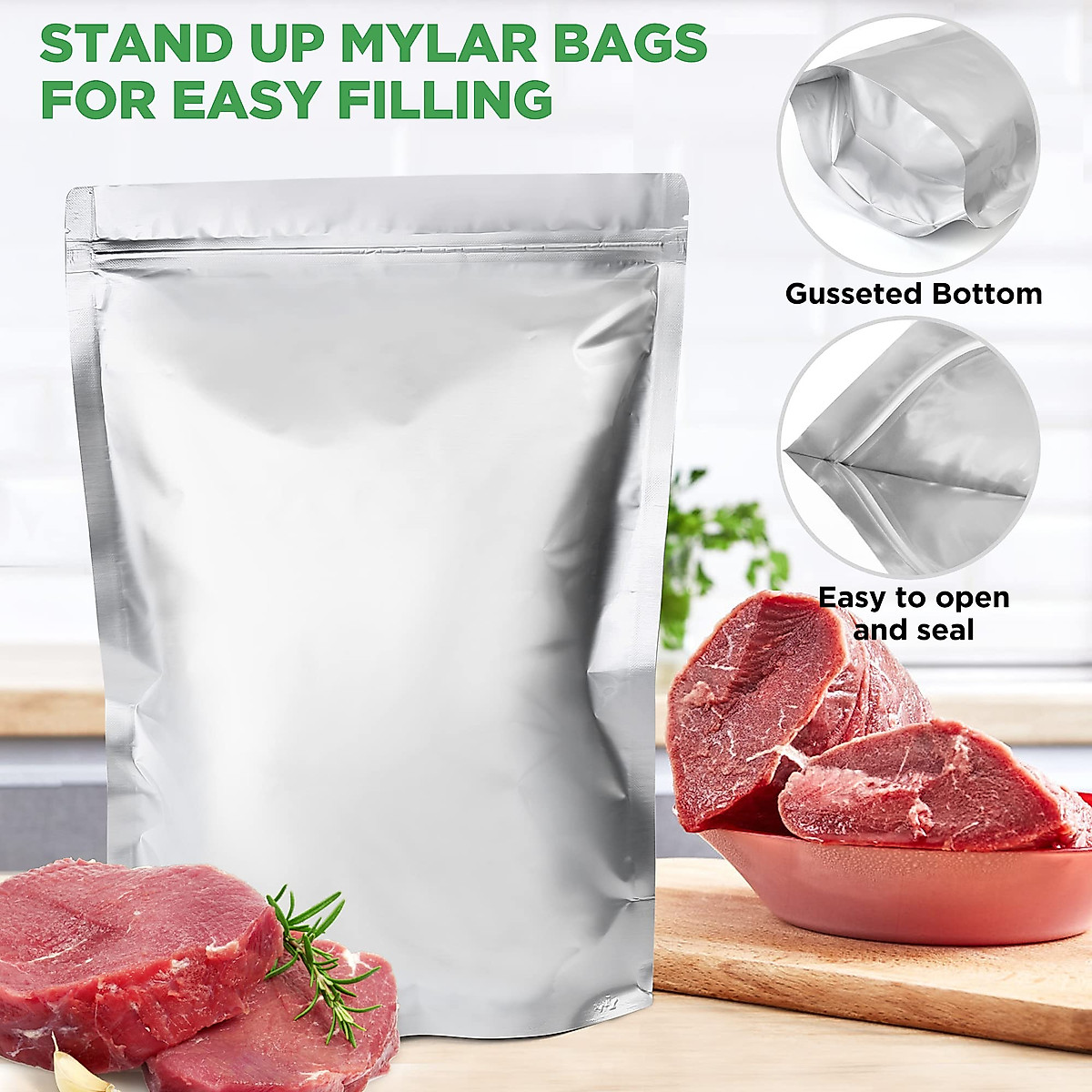 Food Container Storage Mylar Bags, 100 Pcs with Oxygen Absorbers and Labels, Resealable Ziplock Bags for Heat Sealable, 3 Sizes (Gallon, Quart, Small), Thick 8.6 Mil