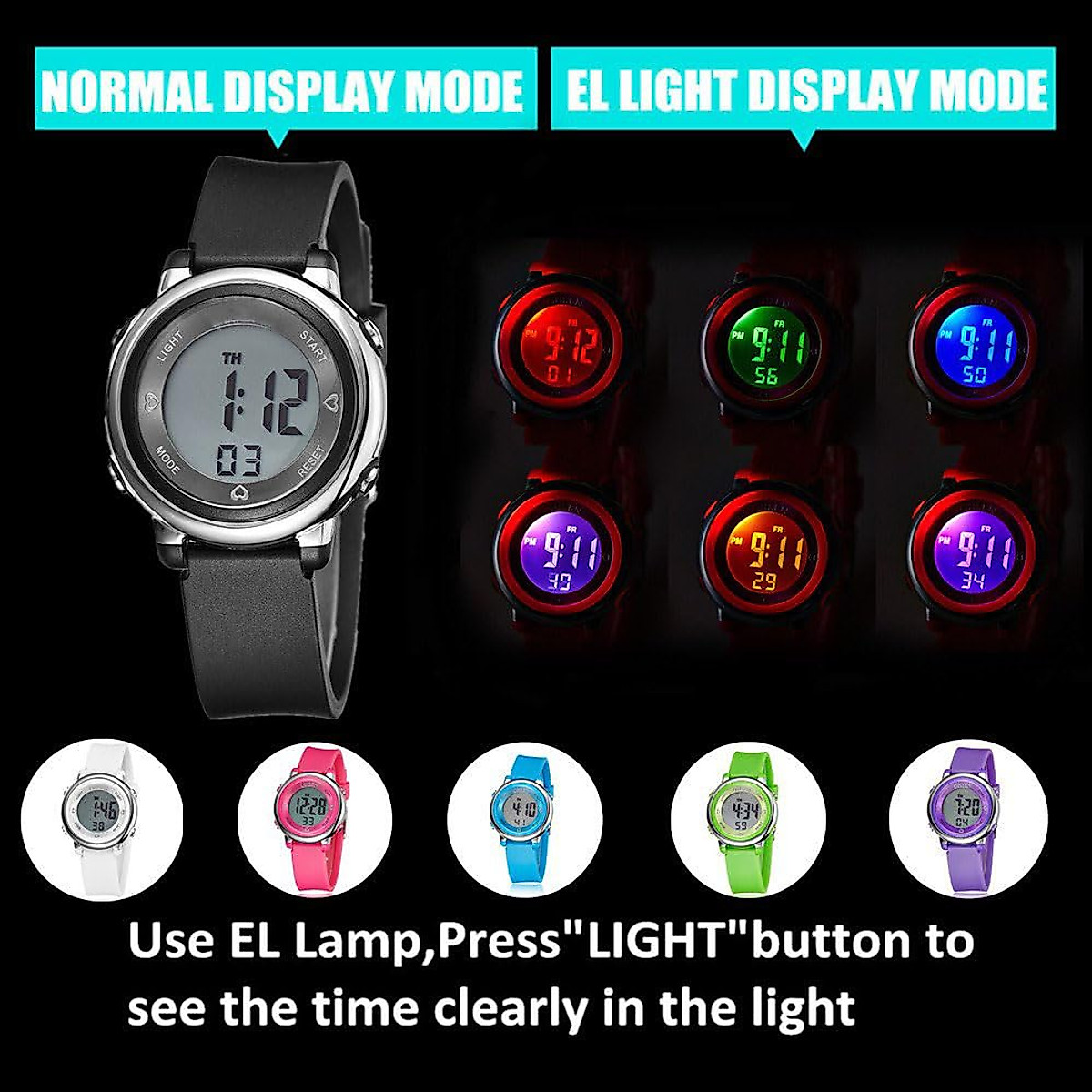 Womens Digital Watches LED Screen Military Waterproof Alarm Stopwatch 7 Color LED Backlight Sports Watch (Black)