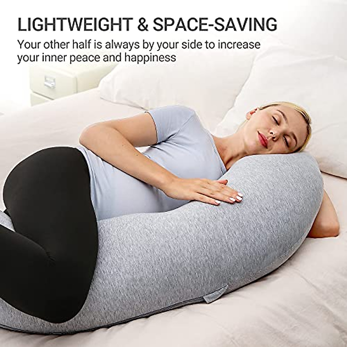 Momcozy Pregnancy Pillows for Side Sleeping, J Shaped Maternity Body Pillow for Pregnancy, Soft Pregnancy Pillow with Jersey Cover for Head Neck Belly Support, Grey