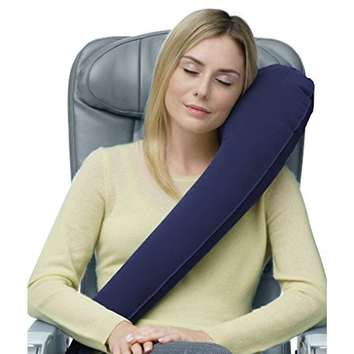 TRAVELREST Ultimate Travel Pillow & Body Pillow - Headrest, Auto, Bus, Train, Office Napping, Camping, Wheelchairs, Comfort and Support, Rolls Up, Straps to Airplane Seat & Car - Blue