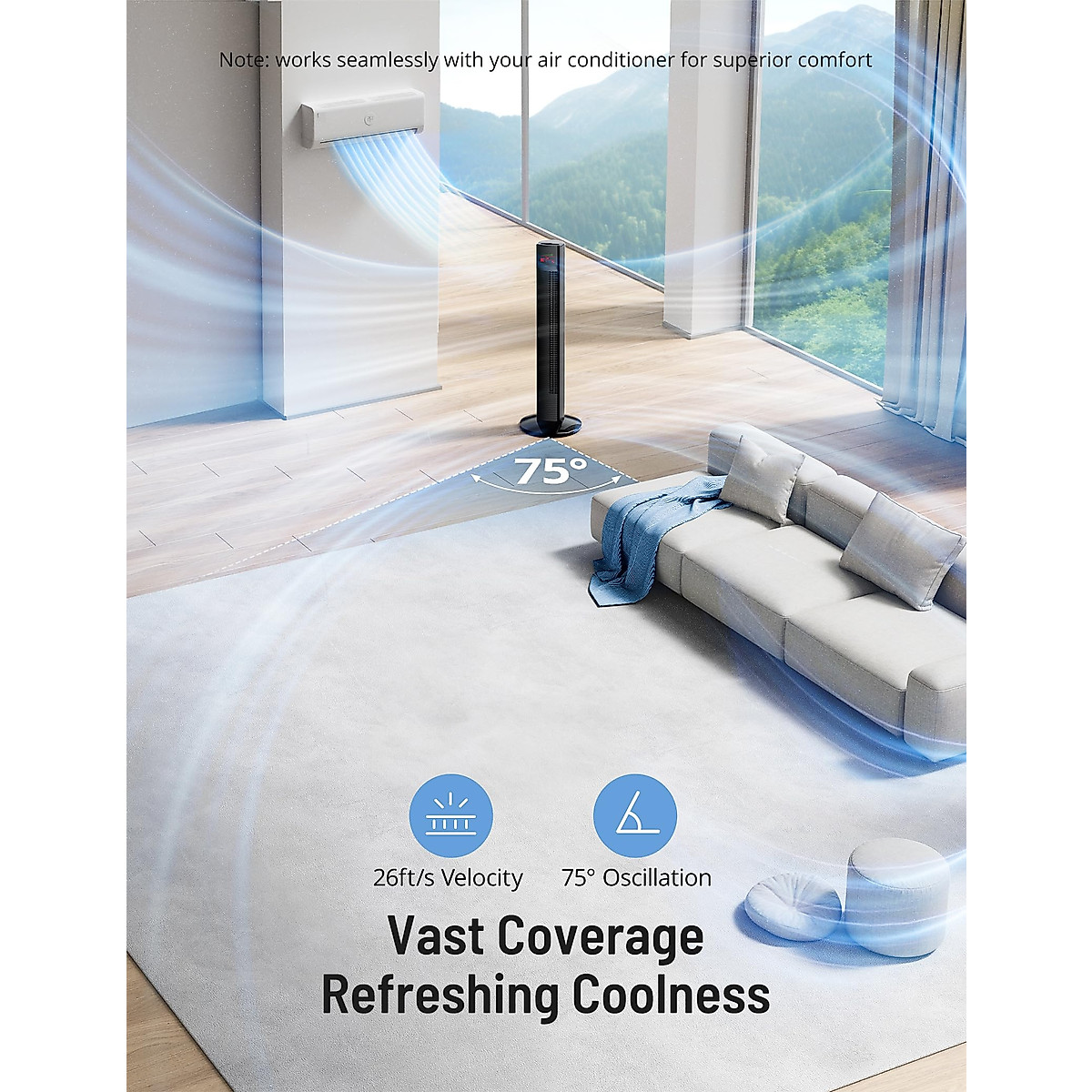 Mirdred Tower Fan with Remote, 36” Bladeless Fan, 70° Oscillating Fan for Bedroom, 3 Speeds, 3 Modes, 12H Timer, LED Display, Quiet Cooling Standing Floor Fans for Home Living Room Office, Black