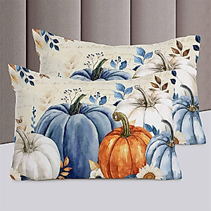 DecorLovee Fall Blue Pumpkins Duvet Cover Set 3 Pieces, Thanksgiving Orange Gray Botanical Rustic Bedding Sets 1 Duvet Cover & 2 Pillow Cases, Comforter Cover Set Duvet Cover California King