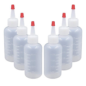 EDOBLUE Plastic Bottles 120mL with Red Tip Caps and Measurements - Small Mini Squeeze Dispensing Bottle for Arts and Crafts, Paint, Icing,Condiment, Glue, Sauces, and More ​- 6 Pack / 4 Ounce