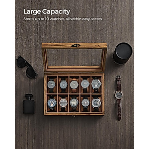 SONGMICS Watch Box, 10-Slot Watch Case, Solid Wood Watch Box Organizer with Glass Lid, Watch Display Case with Removable Pillows, Gift for Loved Ones, Rustic Walnut UJOW100K01