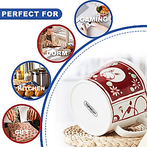 TOPWCK Sturdy Large Fun Ceramic Japanese Hand Drawing Anime Cute Bunny and Flora Microwavable Ramen Noodle Bowl with Lid and Handle Set with Chopsticks and Fingerchopstick and Phone Holder