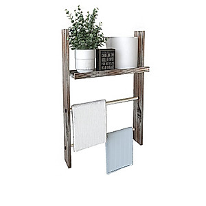 J JACKCUBE DESIGN Rustic Wood Wall Mount Towel Rack with Shelf, Blanket Ladder for Bathroom, Kitchen Hand Towels Holder, Stainless Towel Bar Hanger Farmhouse Decor - MK576A