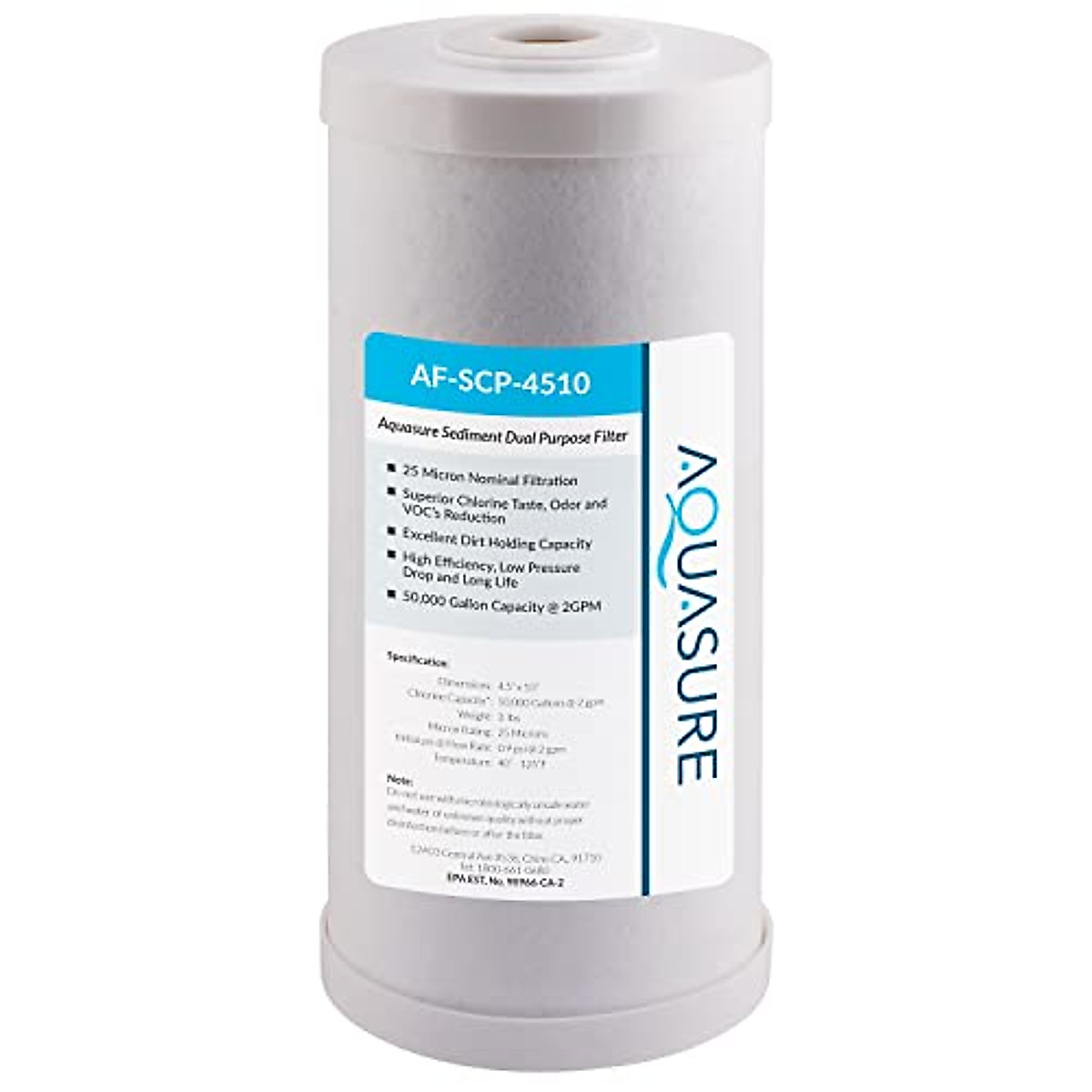 Aquasure Fortitude 25 Micron Sediment + GAC Carbon Mesh Whole House Replacement Water Filter - 10" x 4.5"