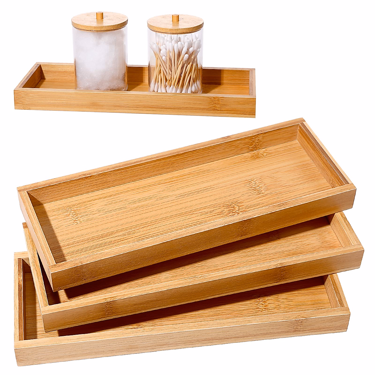 Bamboo Tea Serving Tray 3 Pcs Decorative Multi Use Bathroom Counter Tray with Edges Bamboo Vanity Tray for Dresser Counter Food Coffee Tea Snack Tissues Candles, 11 x 4 Inch