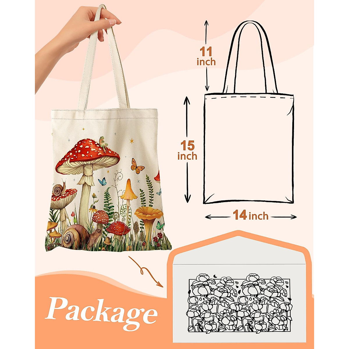Miss Adola Aesthetic Canvas Tote Bag with Inner Pocket for Women Unique Funny Pattern Design Casual Sturdy Cloth Cotton Totes Bag with Pattern for Vacation, Shopping, Work, Gym - Mushroom Forest