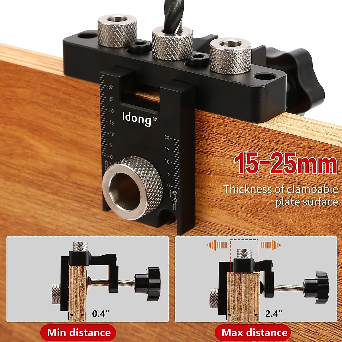 3-in-1 Pocket Hole Jig Kit for straight holes, 8/10/15 mm Pocket Hole Wooden Dowel Drilling Template Set with Positioning Clip Adjustable Drill Guide Puncher Locator (Self Centering Doweling Jig Kit)