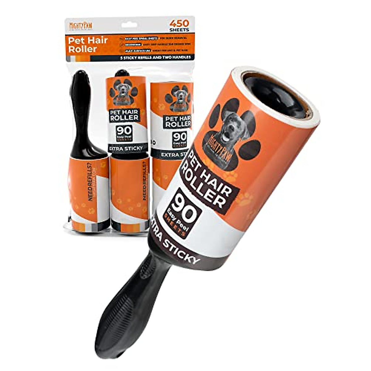 Mighty Paw Pet Hair Roller (5 Lint Roller Refills) | Extra Sticky Lint Rollers for Pet Hair. Travel Pet Lint Roller. Pet Hair Remover for Clothes, Pet Fur Remover. Dog Hair Remover for Couch Furniture