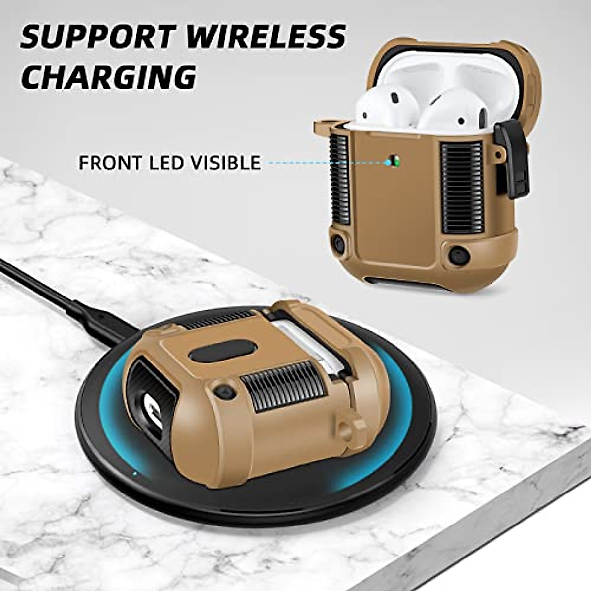 HoneyAKE Case for AirPods 2 & 1 Case Cover, Full-Body Protective Military AirPod Case with Keychain Clip Security Lock Straps Wireless Charging Case for AirPods 1&2 Generation for Women Girls,Brown