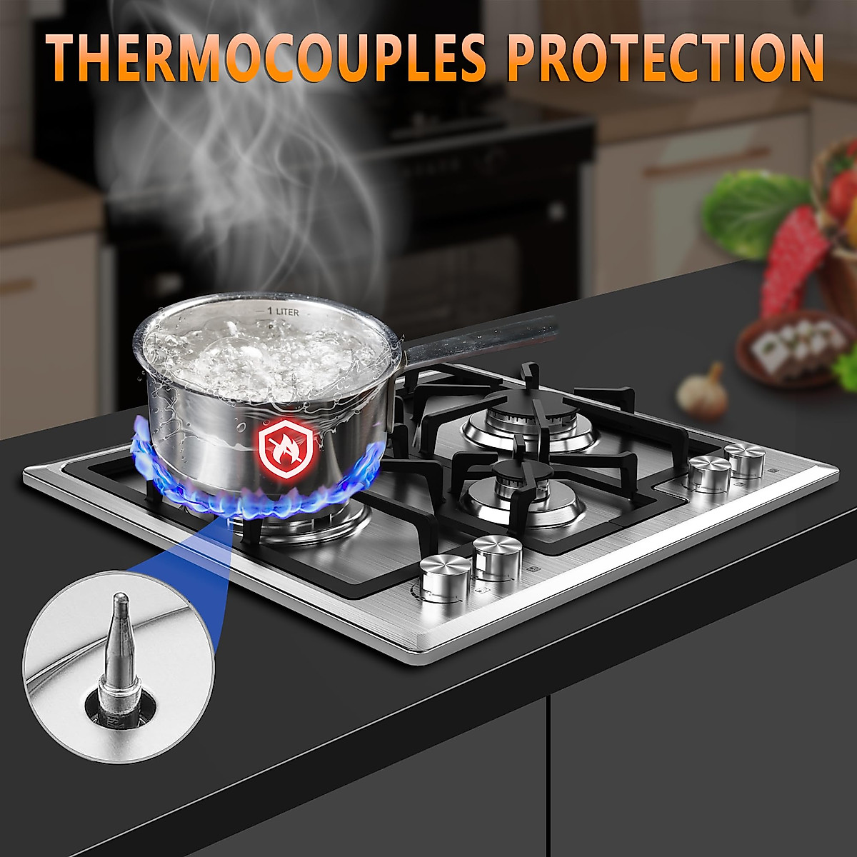 Gas Cooktop 24 inch, Bulit-in Gas Stove Top with 4 Burner, 24 Inch NG/LPG Convertible Cooktops, Four Burner Propane Cooktop with Thermocouple Protection, Stainless Steel