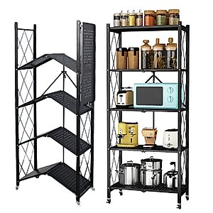 BRIGHTSHOW 5 Tier Storage Shelves Unit, Foldable Garage Shelving Metal Wire Shelf Rack, No Assembly Baker Rack Organizer Microwave Stand for Kitchen, Basement, Pantry, Laundry Room (5 tire Shelf)