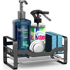 Utobao Kitchen Sink Caddy Sponge Holder, Kitchen Caddy 304 Stainless Steel Soap Holder for Kitchen Sink, Kitchen Sink Organizer Countertop with Removable Drain Tray-Black