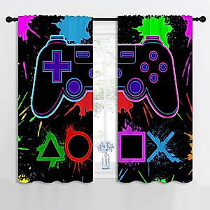 LHROOMJK Gamer Gaming Gamepad Rod Pocket Blackout Curtains for Boy Girl Bedroom, Colorful Splash Art Video Game Controller Thermal Insulated Home Window Drapes for Living Room Darkening, 42x45 inch