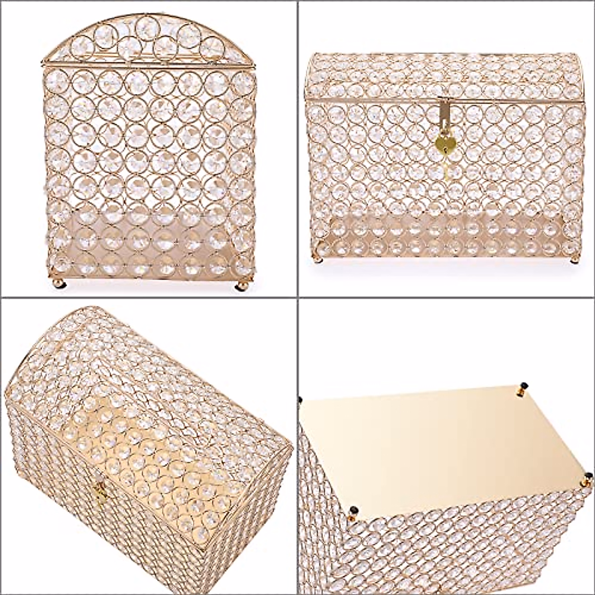 ELLDOO Crystal Wedding Card Box with Heart Lock, Money Card Box Treasure Chest Style Gold Gift for Wedding Receptions, Centerpiece Decor, Anniversary, Keepsake, Gift Display Box