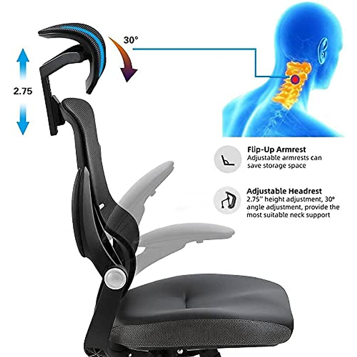Ergonomic Office Chair, Desk Chair with Lumbar Support, Thick Cushion Breathable Mesh Computer Chair,High Back Desk Chair with 3D Armrests and Adjustable Headrest (Black)