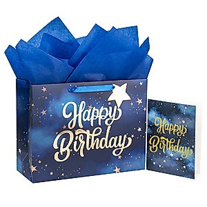 WRAPAHOLIC 13" Large Gift Bag with Card and Tissue Paper - Navy Star Gold Foil Happy Birthday