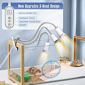 TFNN 2023 Upgrade Reptile Heat Lamp, Three Head Reptile Light with Cycle Timer,UVA UVB light, dimmable Basking lamp for Tortoise, Bearded Dragon, Lizard, Snake, E26/27 Base with 4 Bulbs (50W)-White