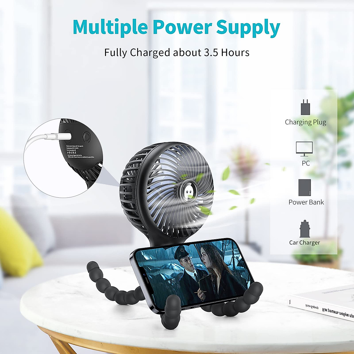 SMARTDEVIL Stroller Fan, 3000mAh Portable Clip on Stroller Fan for Baby, 3 Speed Battery Operated Personal Desk Fan with Flexible Tripod, Mini Handheld Fan for Car Seat, Treadmill, Camping (Black)