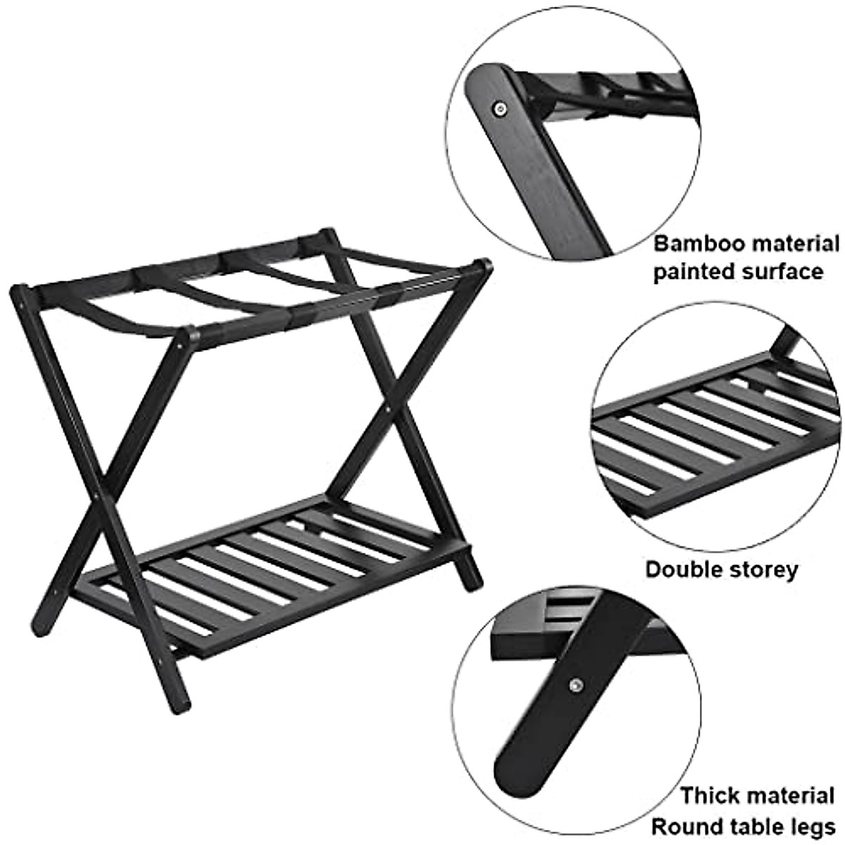 bimiti Bamboo Folding Luggage Rack with Shoe Shelf Double-Layer Luggage Rack Strong Bearing Capacity Luggage Holder for Bedroom,Guest Room,Hotel,Black