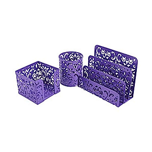 EasyPAG Cute Office Supplies 3 Piece Desk Organizer and Accessories Set - Letter Sorter, Pen Holder,Sticky Notes Holder,Purple