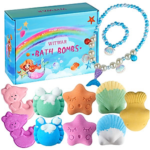 9PCS Bath Bombs for Kids Girls - Bubble Bathbombs Set with Jewelry Toys Gift Mermaid Organic Bath Bomb Gift Set Skin Moisturizing for Birthday Christmas New Year