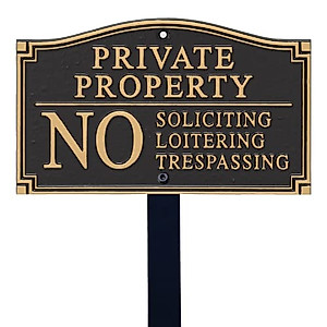 SmartSign Private Property Sign for Yard, No Soliciting Loitering Trespassing Garden Plaque | 5.75" x 9.5" Aluminum Plaque with 18" Black Lawn Stake
