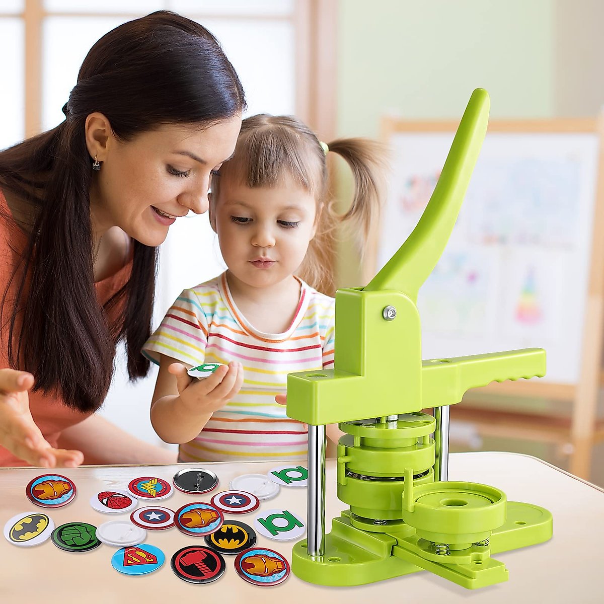 Button Maker Machine Multiple Sizes 1+1.25+2.25 inch, DIY Button Badge Maker Button Press Machine with 300Pcs Button Maker Supplies & Cutter & Keychains & Magic Book for Kids Button Maker Machine Gift