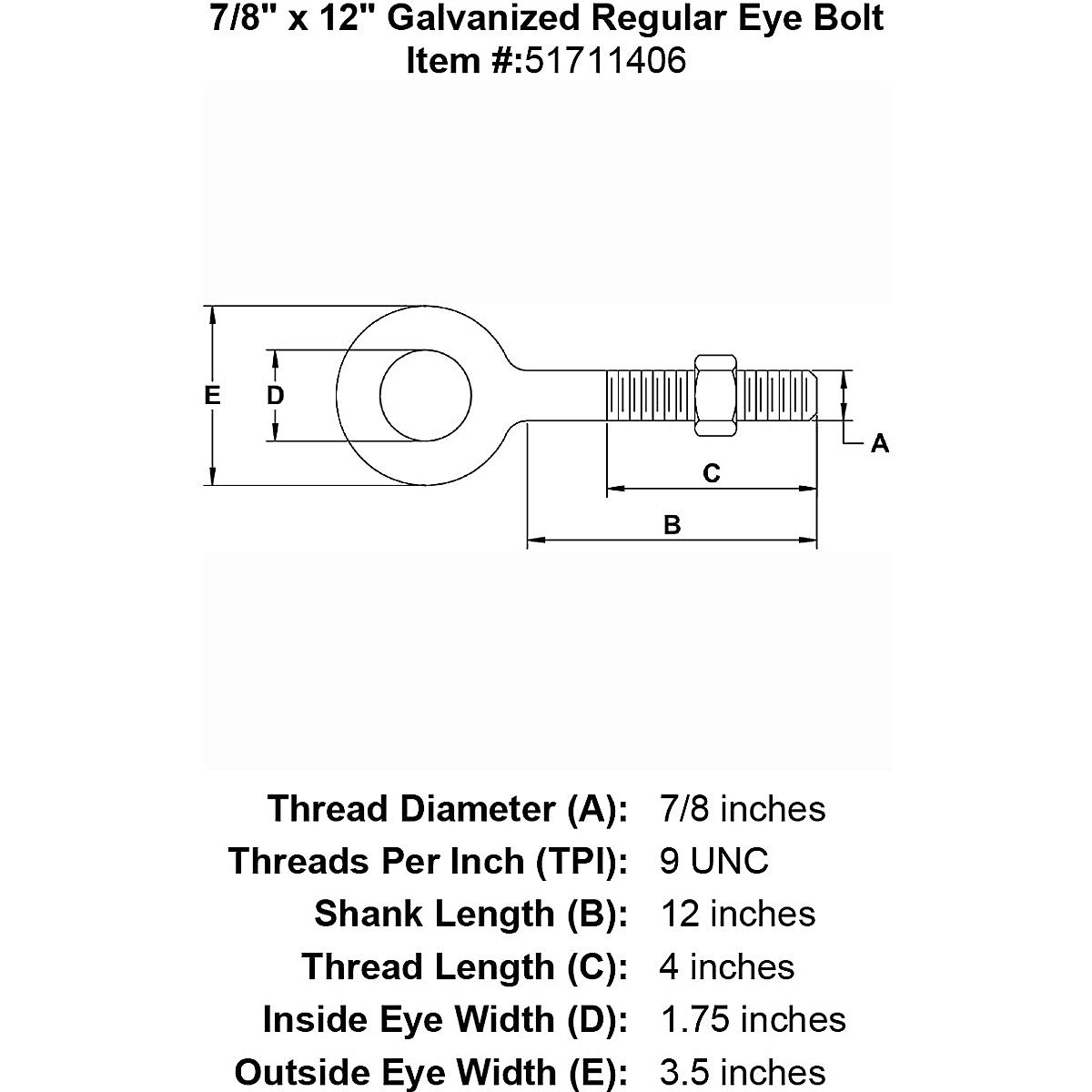 7/8" x 12" Galvanized Regular Eyebolt