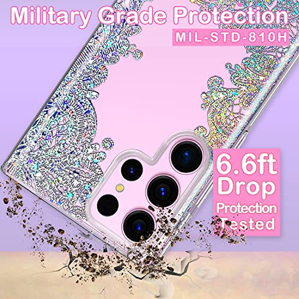 Coolwee Clear Glitter for Galaxy S23 Ultra - 6.8 inch, Thin Flower Slim Cute Crystal Lace Bling Women Girl Floral Hard Back Soft TPU Bumper Protective Cover for Samsung S23 Ultra Mandala Henna