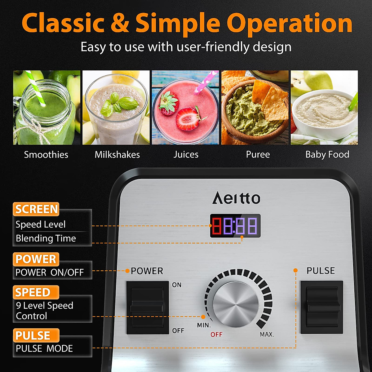 Aeitto Blender, Blenders for Kitchen with 1500-Watt Motor, 68 Oz Large Capacity, Professional Countertop Blenders for Ice Crush, Frozen Drinks, White