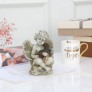 Topadorn Angel Wings with A Little Dog in Arms Angel Resin Statue, Angel Figurine Tabletop Decor Angel Pray Design Display