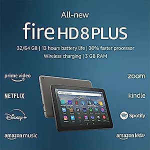 All-new Amazon Fire HD 8 Plus tablet, 8” HD Display, 32 GB, 30% faster processor, 3GB RAM, wireless charging, (2022 release), Gray