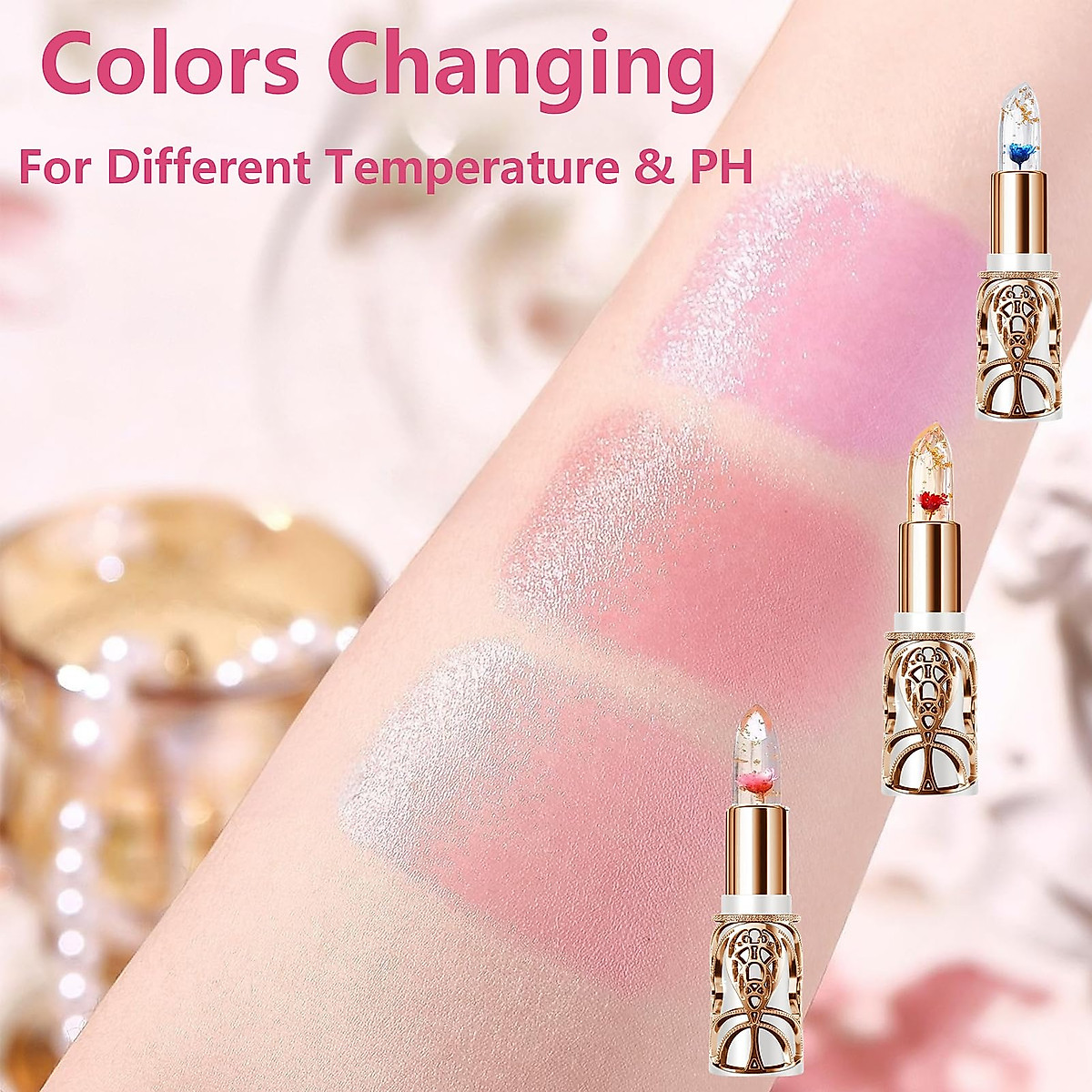 Rosarden Crystal Jelly Flower Color Changing Lipstick, Long Lasting Lip Balm for Women, Flower Lip Gloss Jelly Lip Stain, Korean Tinted Lip Balm,Temperature & PH Color Changing Lipstick