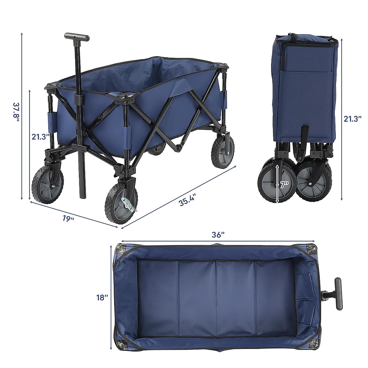 VINGLI Portable Collapsible Utility Wagon,Sturdy Outdoor Folding Garden Sports Shopping Cart, Wagon Wheel Cart, Steel Frame for Beach Park Camping Patio Compact Wheels, Blue