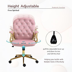 cayglow Velvet Home Office Desk Chair Comfy with Gold Legs and Arms, Comfortable Makeup Vanity Chair with Back and Wheels, Button Tufted Armchair Swivel Rolling Chair for Girls Women Bedroom,Pink