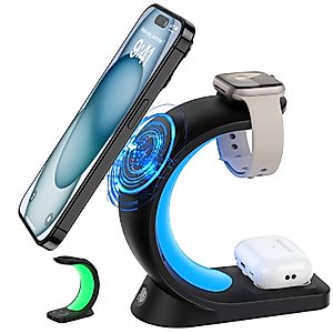 Magnetic Multi Wireless Stand Compatible with Apple MagSafe Charger with RGB LED Night Light, 3 in-1 Fast Charger Station for iPhone 15/14/13/12 Series(Pro, Max), for iWatch 2 to 9 and Airpods (Black)